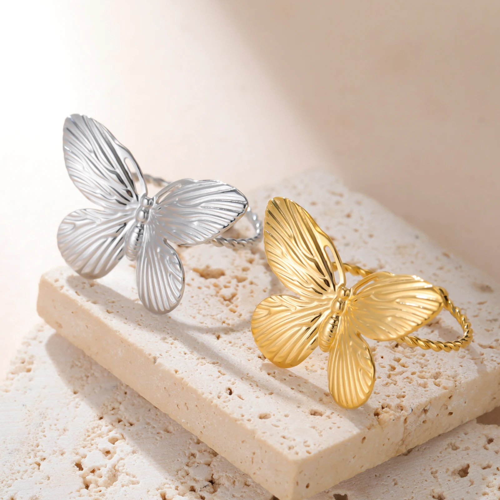 EUEAVAN 1pc Stainless Steel Butterfly Open Ring for Woman Gold Color ...