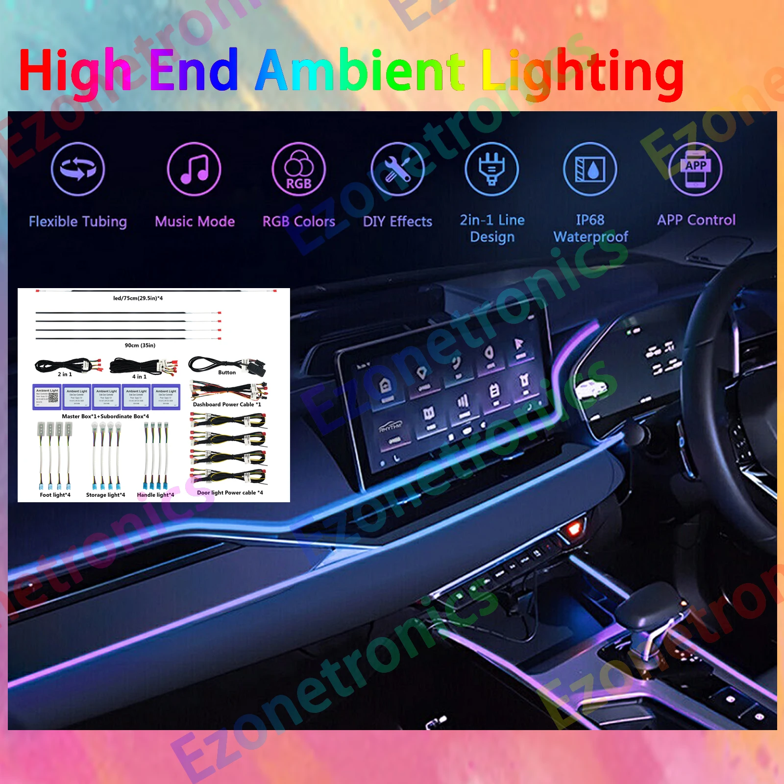 18in1 Car LED Interior Ambient Lights Fiber Optic RGB Strip 256 Colors ...