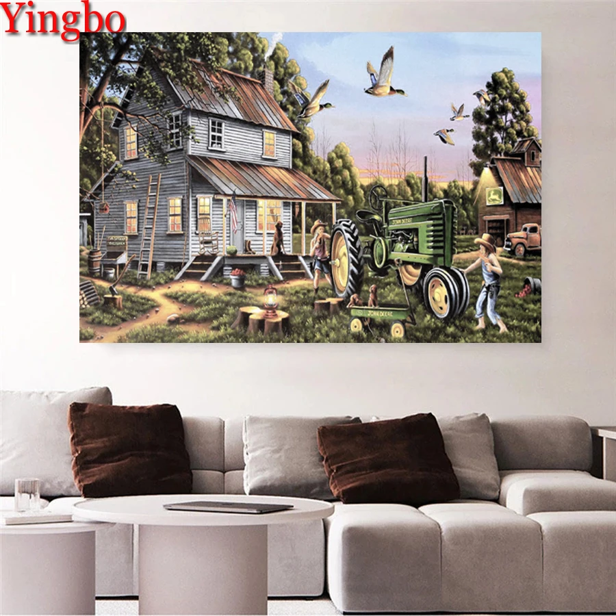 5D DIY Full Diamond Painting Farm Hut Tractor Family Picture Rhinestone ...