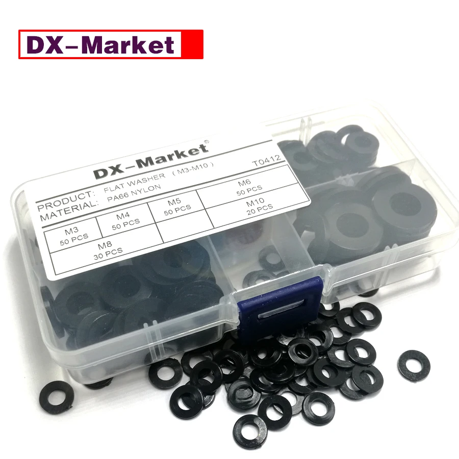M3 M10 Flat Washers Kit 250pcs ,PA66 Nylon Polyamide Plastic Fasteners ...
