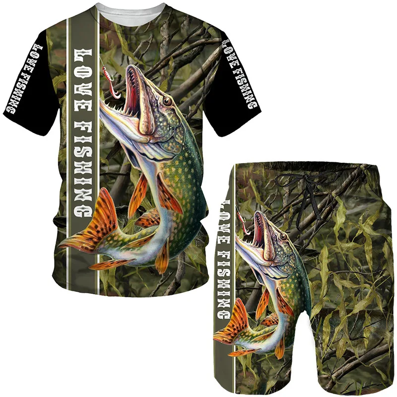 Camouflage 3D Crap Fishing Print Summer Men's Beach Shorts Set Short ...