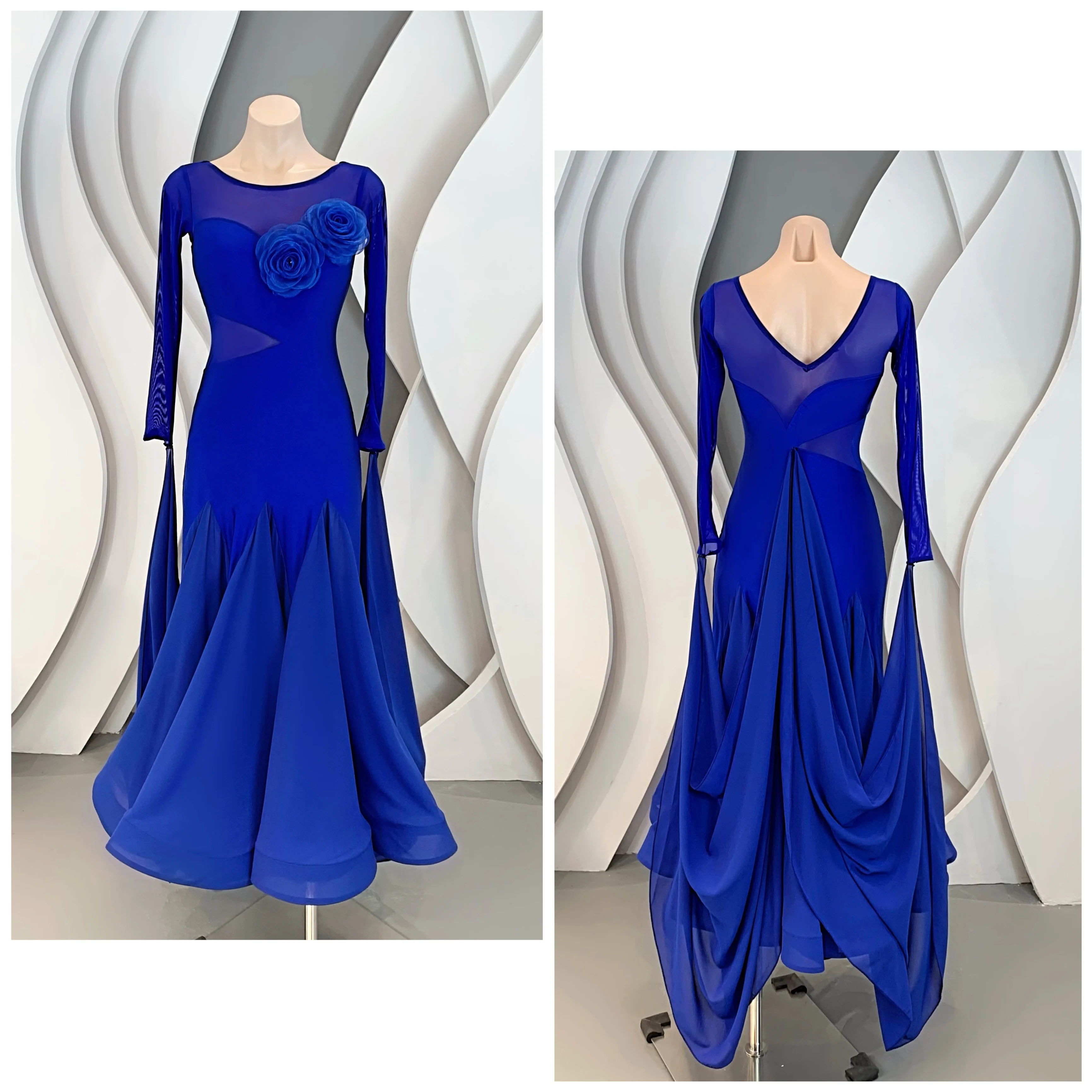 Female Ballroom Dance Competition Dress Blue Long Sleeve Standard Dance ...