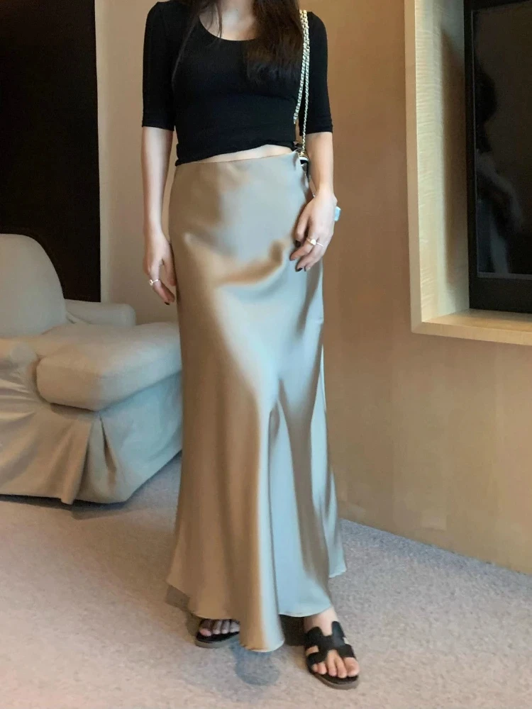 Falda-larga-de-sat-n-para-mujer-prenda-elegante-de-seda-ajustada-lisa ...