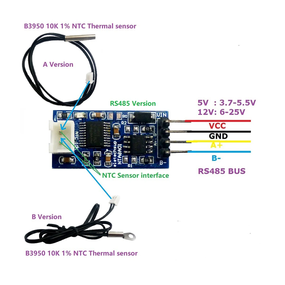 10K 3950 NTC temperature sensor RS485 MODBUS RTU serial port remote ...