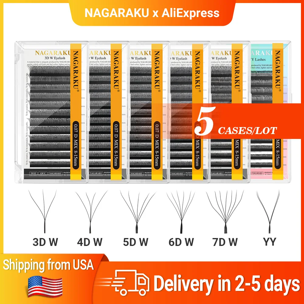 NAGARAKU Ship From USA 5 Cases YY W Shape 3D 4D 5D 6D 7D Eyelashes Fast ...