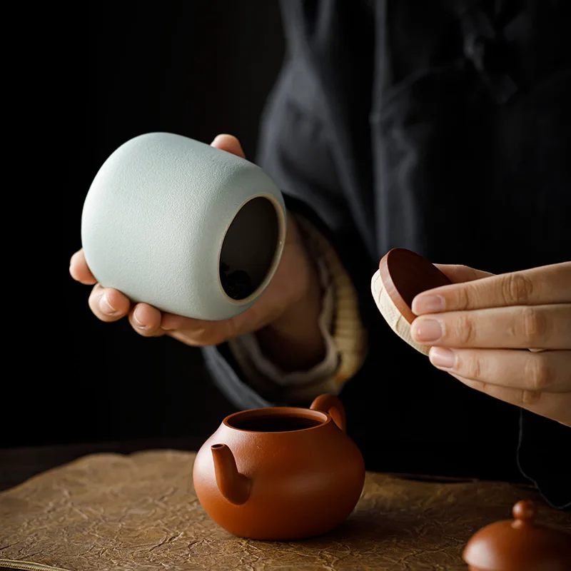 Tea jar with wooden lid ceramic teapot ceramic sealed jar small size Pu ...