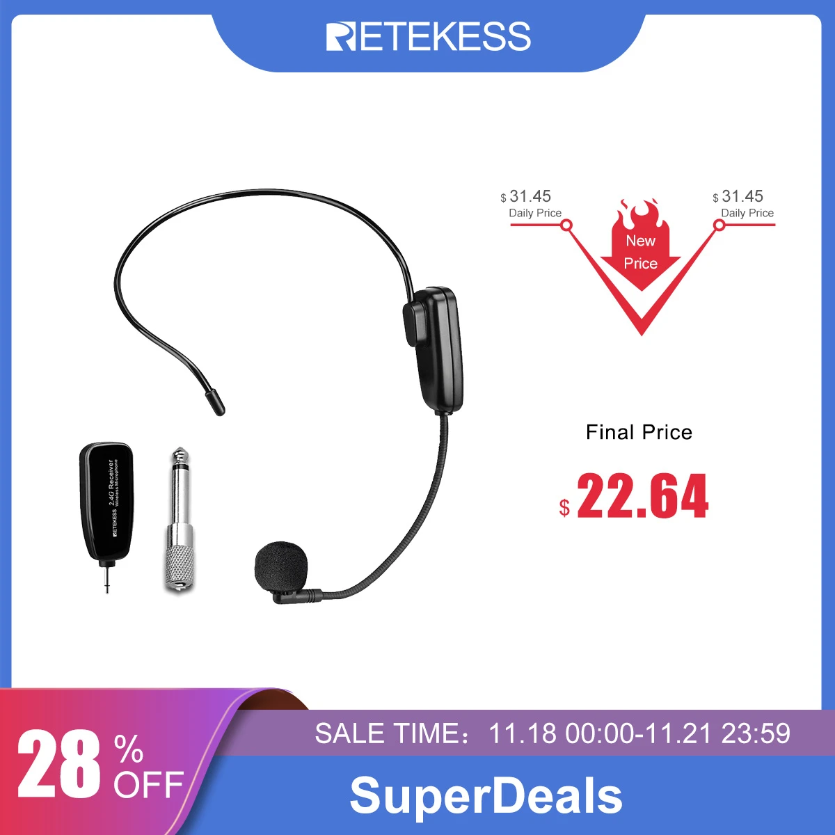 Retekess TT123 2.4G Head mounted Wireless Microphone Transmitter With ...
