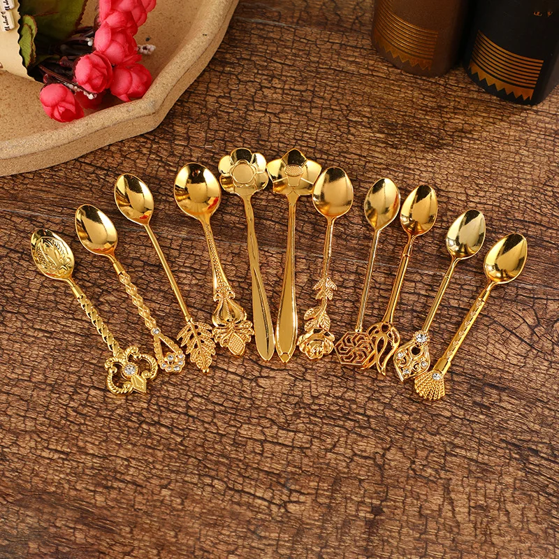 3pcs gold zinc alloy ice cream spoon pattern studded decorative dessert ...