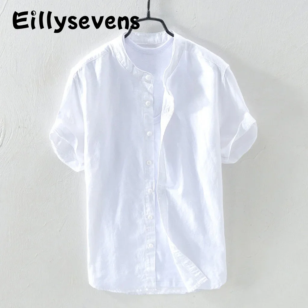 Simple-Men-s-Short-Sleeved-Shirts-Cotton-Linen-Summer-Solid-Color-Turn ...