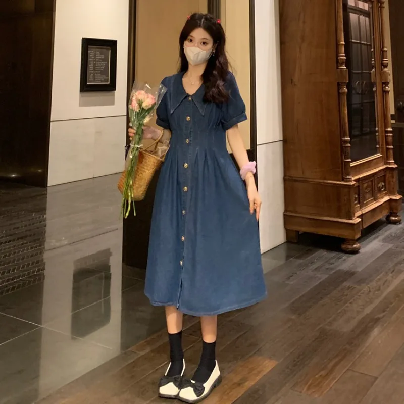 큰 사이즈 여성 의류 여름 허리 포옹 뚱뚱한 소녀 데님 스커트 드레스 뚱뚱한 소녀 복고풍 인형 칼라 중간 길이 A 라인 스커트