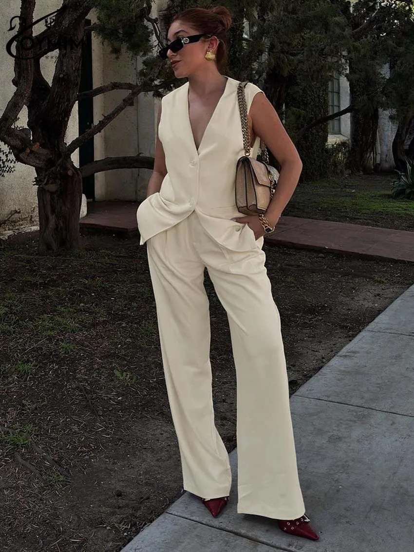 Oymimi-Elegant-Beige-Two-Piece-Set-For-Women-Fashion-V-Neck-Sleeveless ...