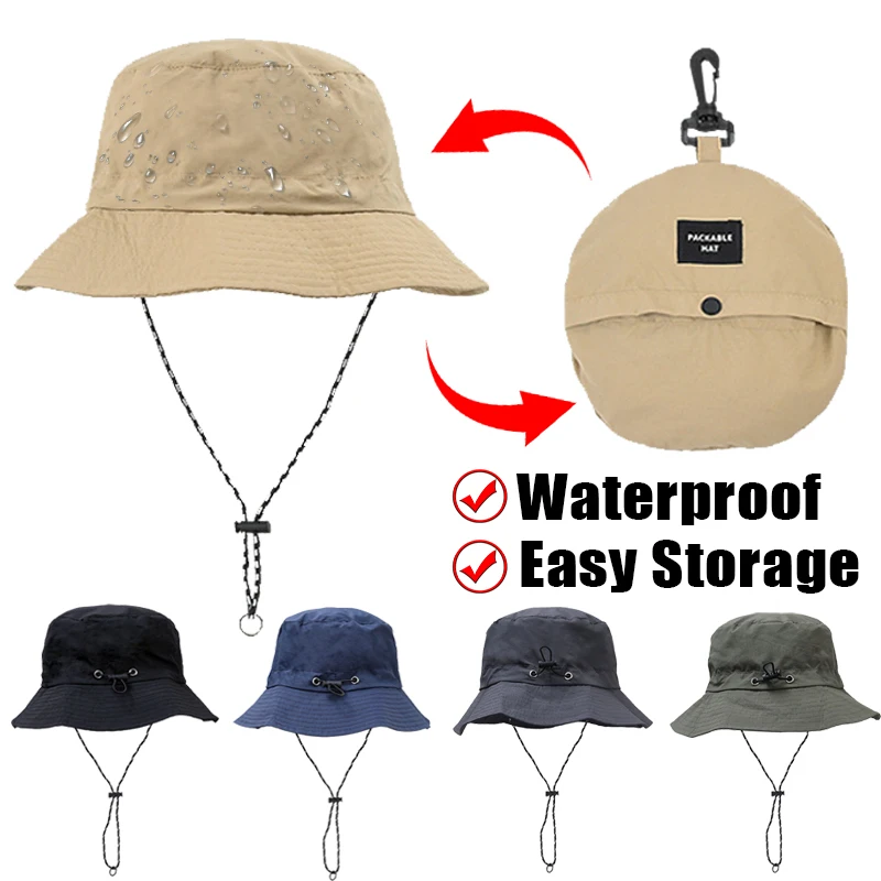 Summer Large Size Waterproof Bucket Hats Foldable Adjustable Drawstring ...