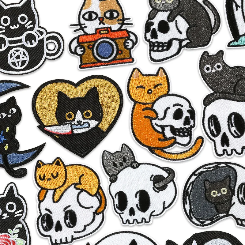 Schedel-Patch-Kat-Punk-Rock-Geborduurd-Met-Ijzeren-Naai-Voor-Kleding ...