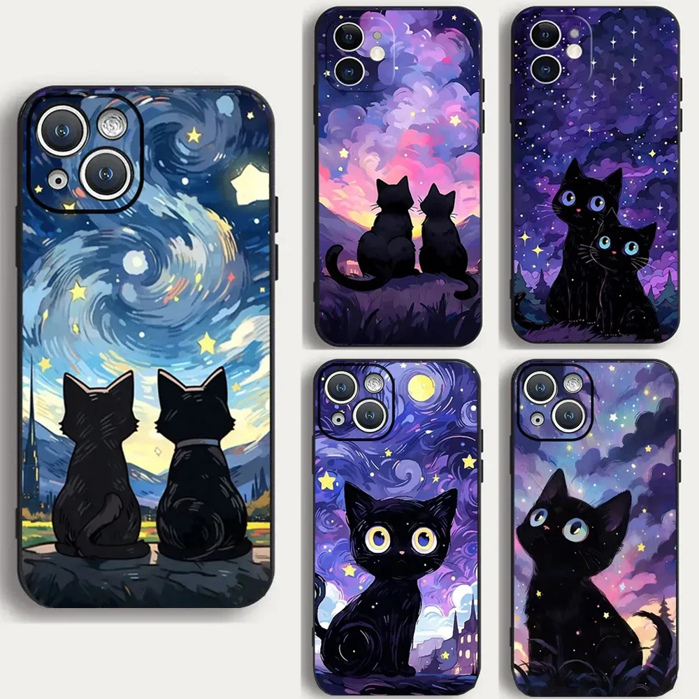 Artistic Black Cat Starry Night Phone Case For iPhone 17 16 15 14 13 12 ...