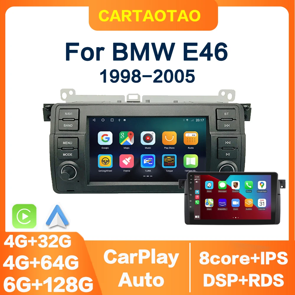 Rádio do carro de android 10.0 carplay 4g para bmw e46 m3 318/320/325/330/335 1998 2005 2din ...
