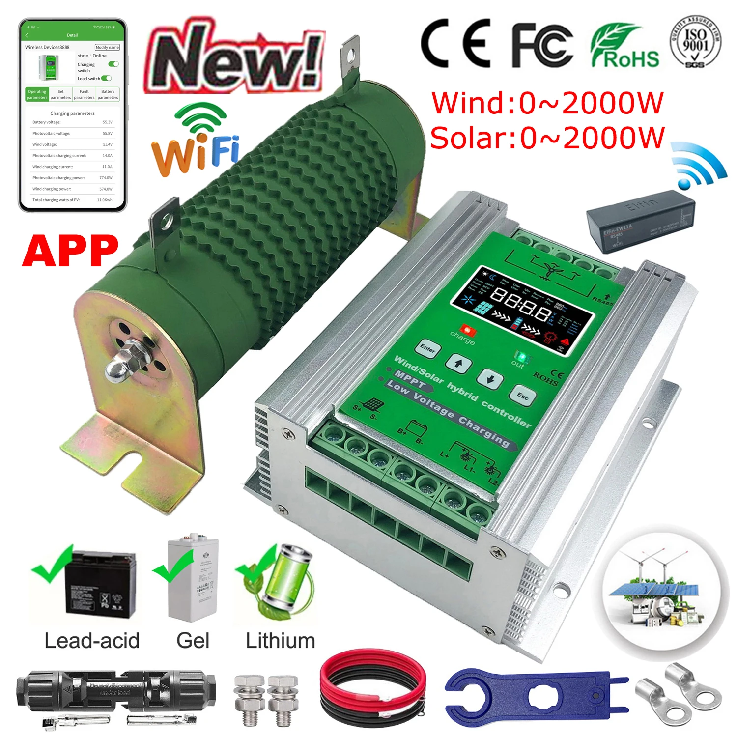 MPPT Wind Solar Hybrid Charge Controller 0~2000W Wind & Solar 0~2000W 12/24V/48V WIFI Hybrid ...