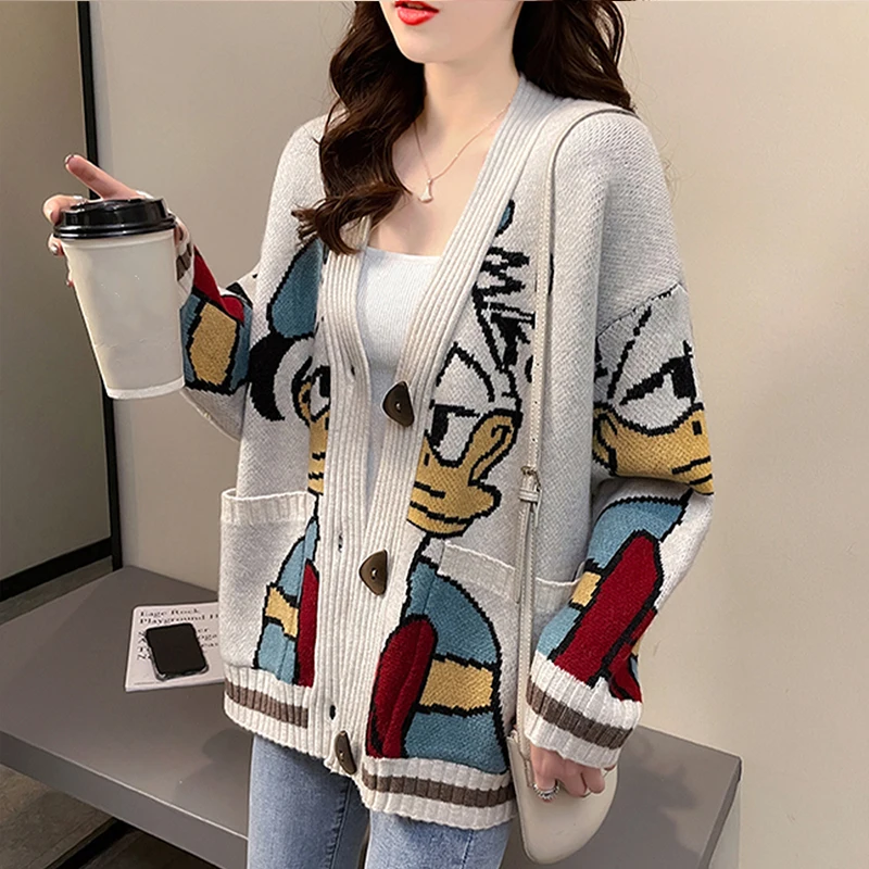 2022 Casual Coat Women Knitted Sweater Cardigan Button Kawaii Donald ...