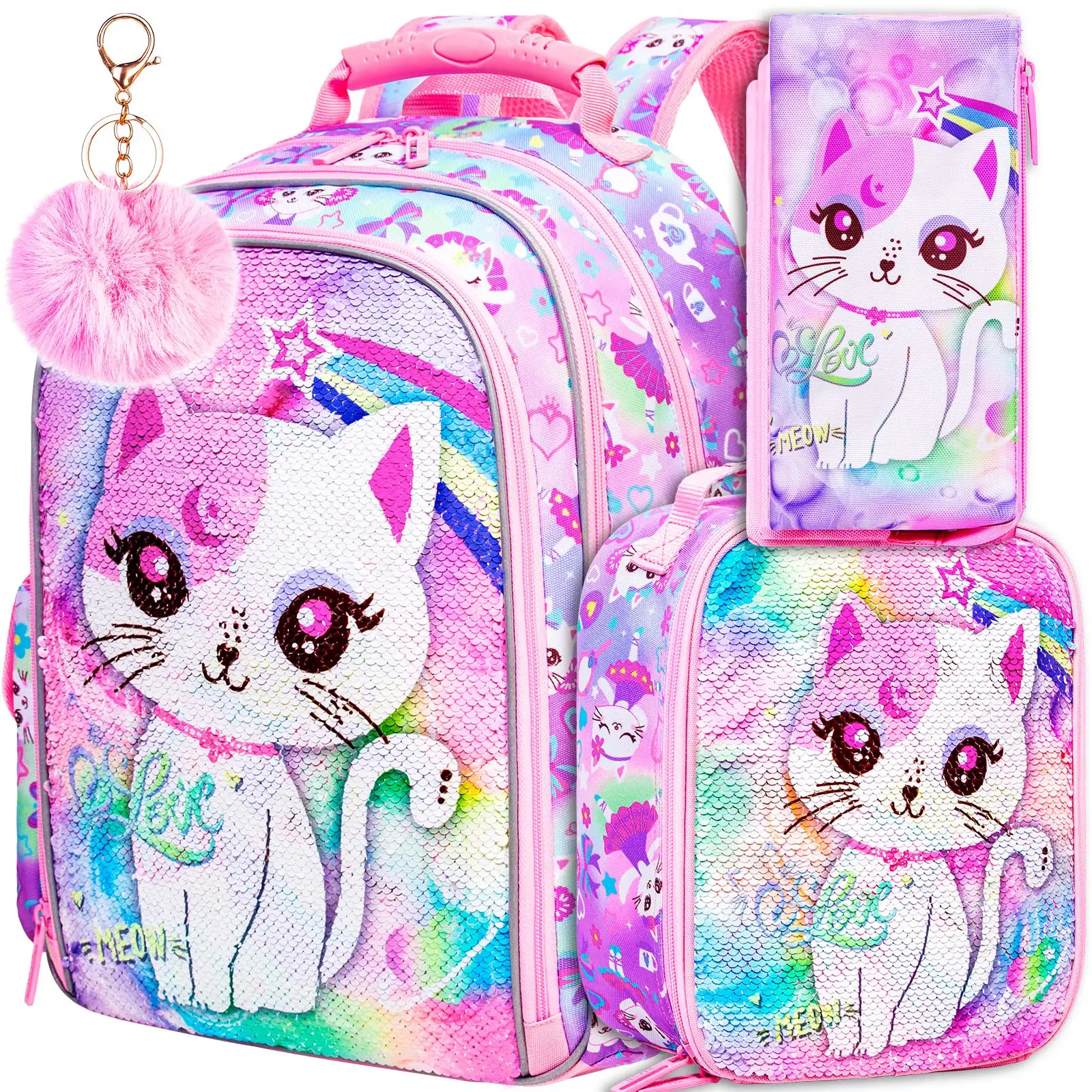 3PCS-Girls-Backpack-16-Kids-Cat-Sequin-Bookbag-with-Lunch-Box-Water ...