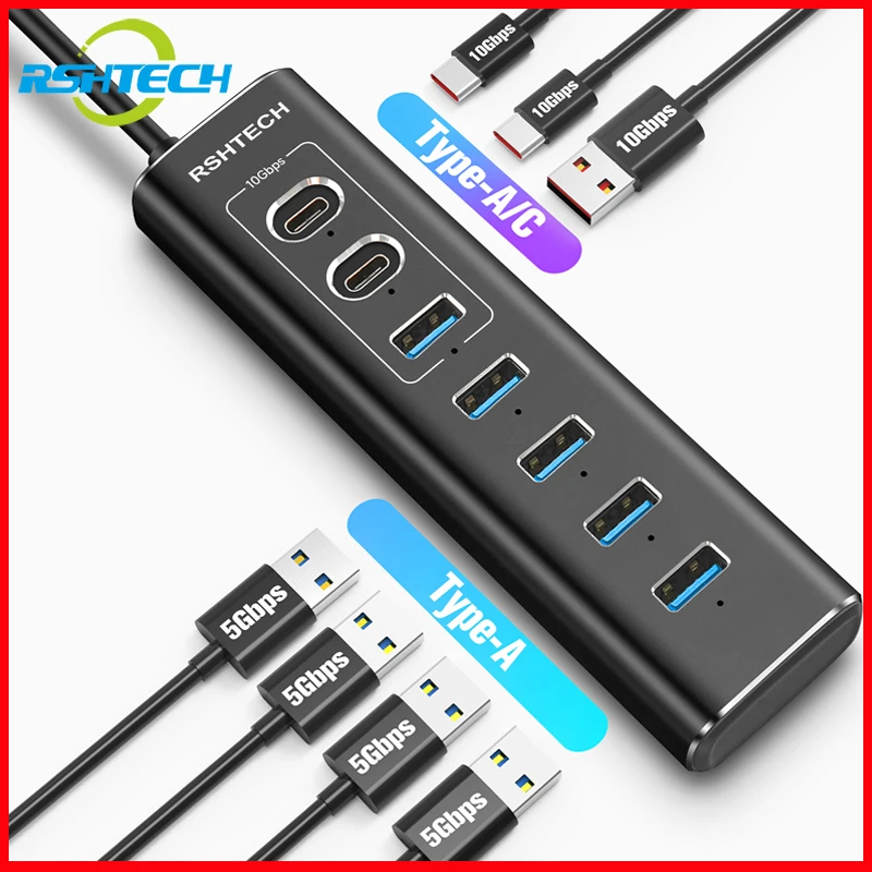RSHTECH-Powered-USB-Hub-7Port-10Gbps-USB-3-2-Type-C-Individual-ON-OFF ...