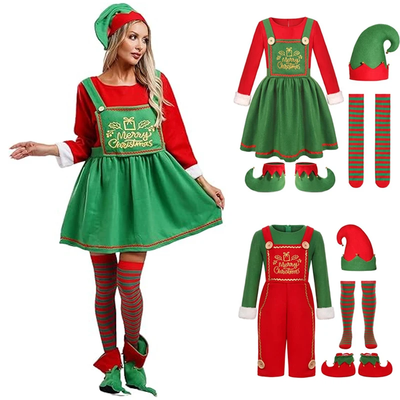 Christmas Elf Cosplay Costume Adult Christmas Dress Jumpsuit Hat Set ...