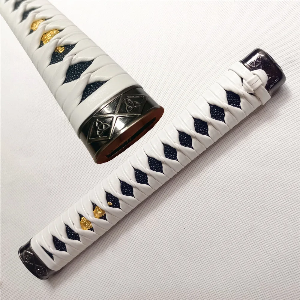 27cm-white-Genuine-Leather-Tsuka-Handle-Menuki-Fuchi-Kashira-Japanese ...
