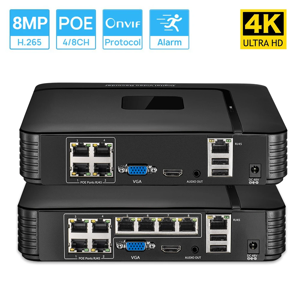 4k 8mp Ultra Hd Poe Nvr 4ch/8ch Ieee802.3af 48v Poe Video Recorder Ip Security System Xmeye ...