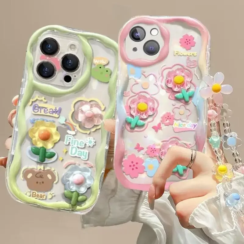 3D Pink Flower Phone Chain Clear Case for Samsung S23FE (S13878)