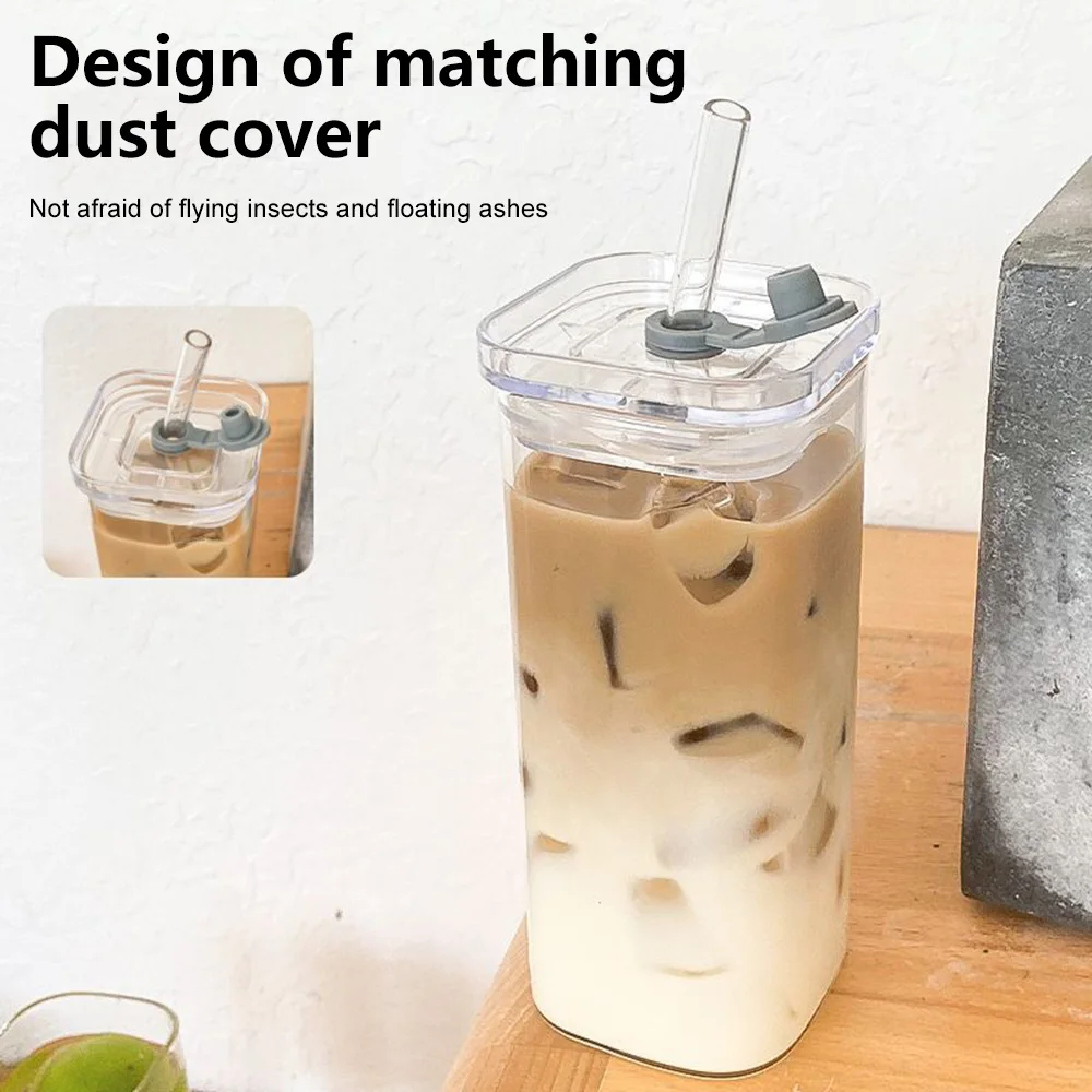 400ml-Square-Glass-Water-Cup-with-Straws-Lids-Iced-Coffee-Glasses ...