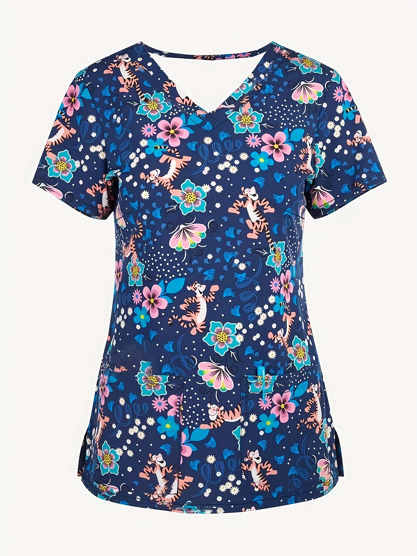 Clinical-Uniform-Woman-Floral-Print-V-Neck-Stretchy-Sanitary-Dental ...
