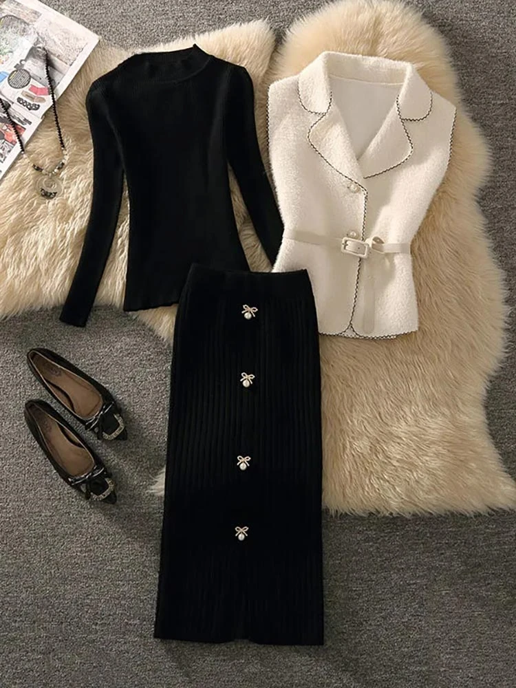 Elegant Half High Collar Sweater +sleeveless Vest+high Waist Skirt ...
