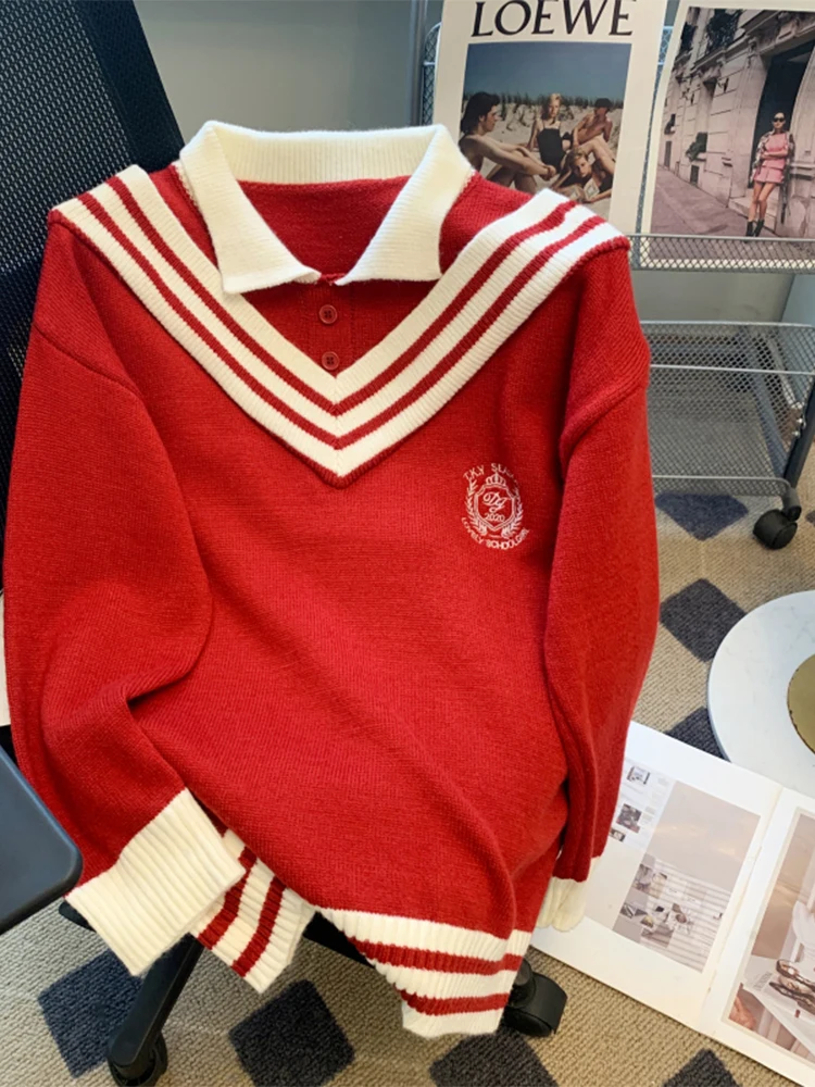 Women-s-Red-Pullover-Cashmere-Sweater-Harajuku-Y2k-Preppy-Style-Long ...