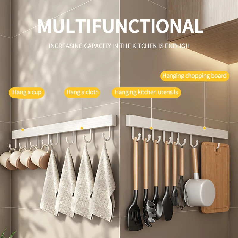 White-Kitchen-Hook-Rack-with-no-Holes-in-One-Row-Wall-Hanging-Rod-Space ...