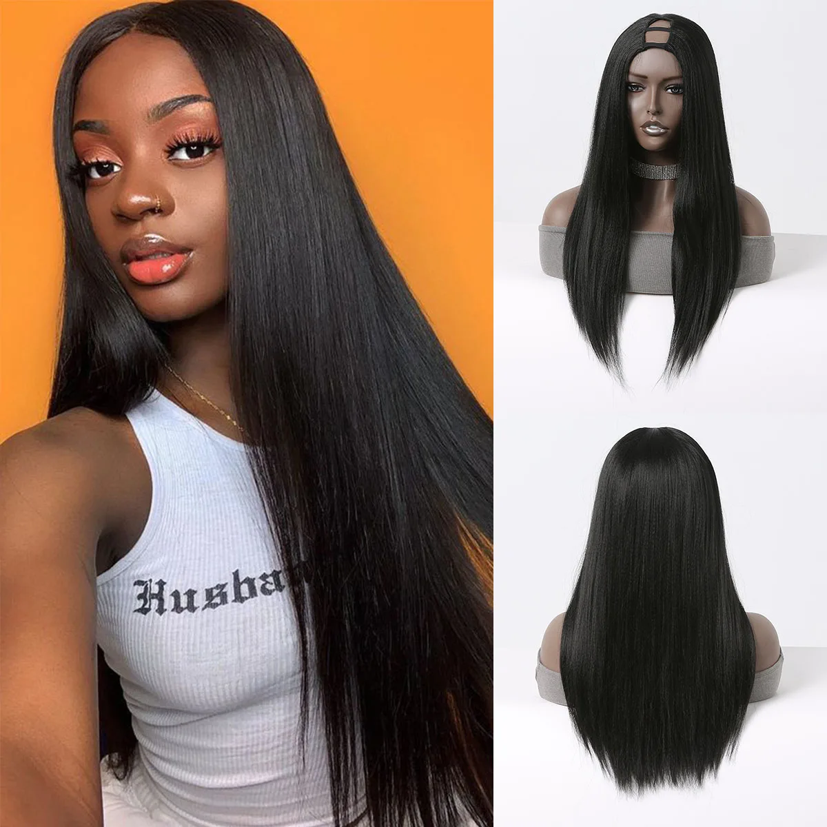 HAIRCUBE U Part Wig for Black Women Long Straight Black Afro Synthetic ...