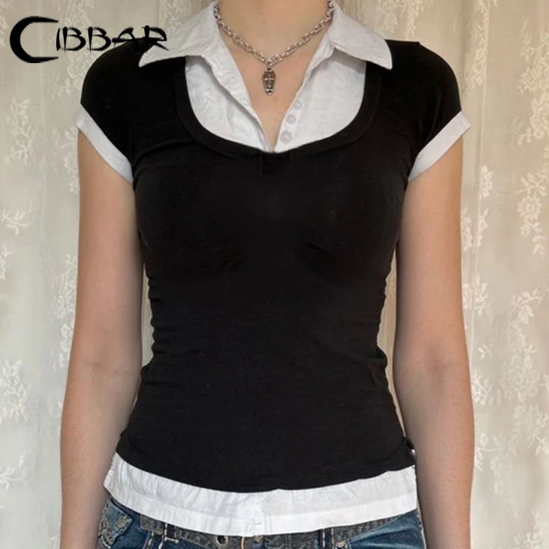 CIBBAR-Preppy-Style-Fake-Two-piece-Cropped-Top-Chic-Patchwork-Turn-Down ...