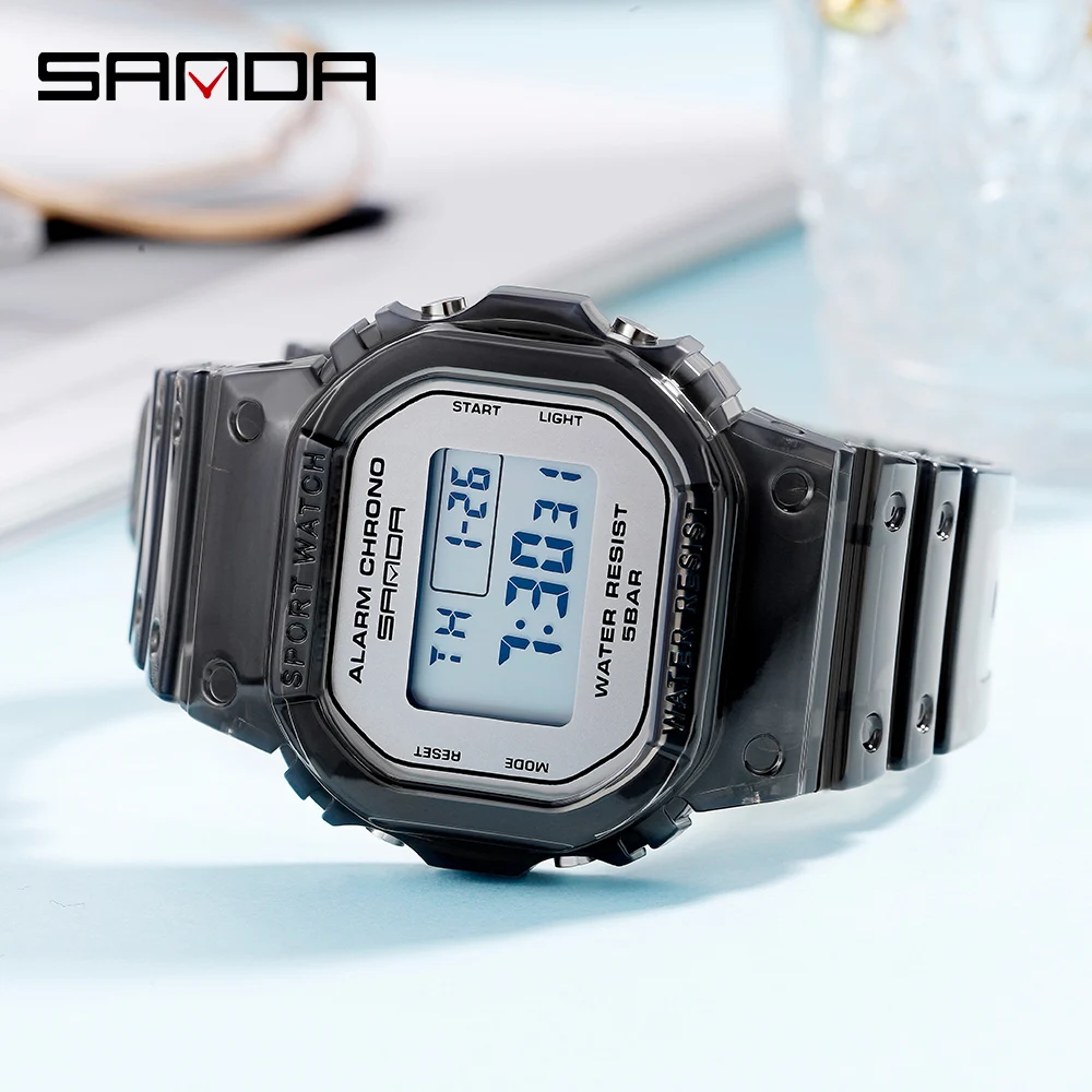 SANDA Fashion Outdoor Sport Watch Women Transparent Strap LED Digital ...
