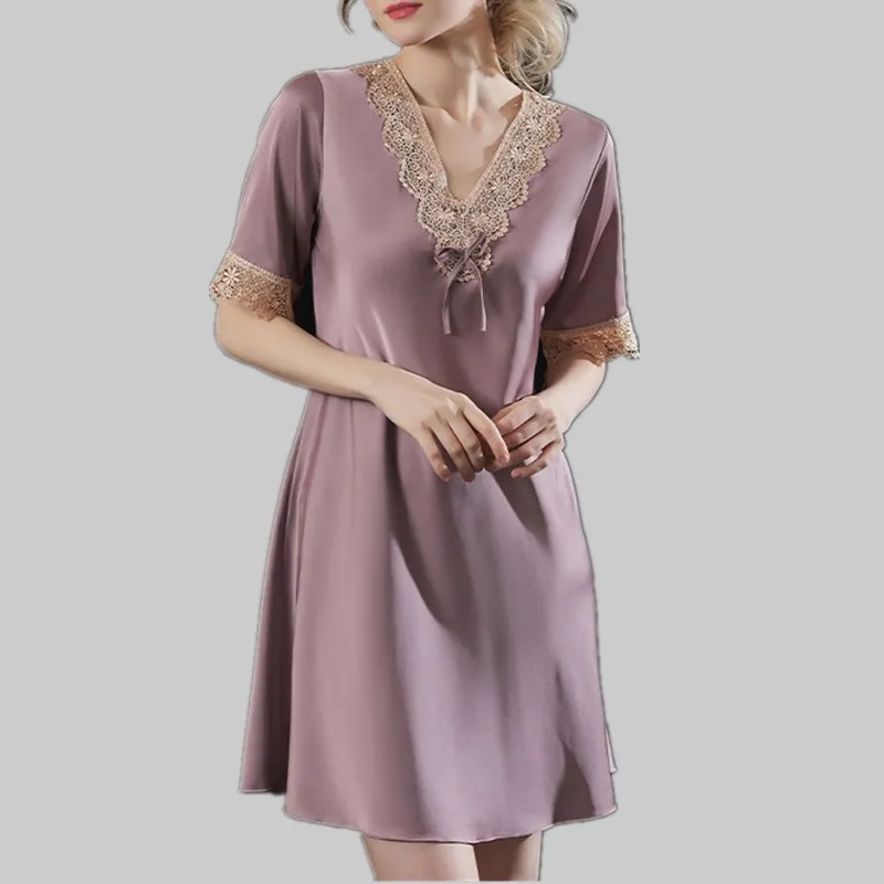 Silk-Nightdress-Women-s-Sexy-Lingerie-Satin-Sleepwear-Lace-V-neck-Nightwear-Short-Sleeve ...