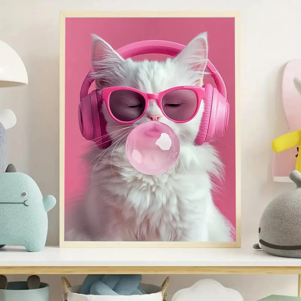 Fun Cat Poster Printing, Modern Pink Cat Listening To Music Canvas ...