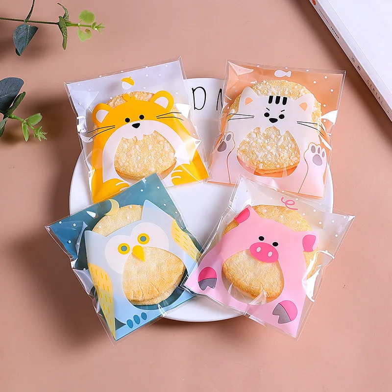 100Pcs Plastic Transparen Cartoon Candy Cookie Plastic Bags Self ...