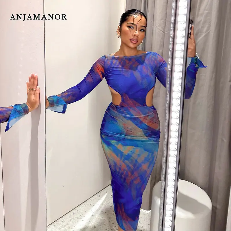 Anjamanor Blue Print Bodycon Dress With Sheer Mesh Sleeves Party Club