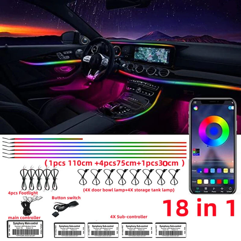 18 인 1 풀 컬러 스트리머 자동차 주변 조명 Rgb 64 색 범용 Led 인테리어 숨겨진 아크릴 스트립 심포니 분위기 램프