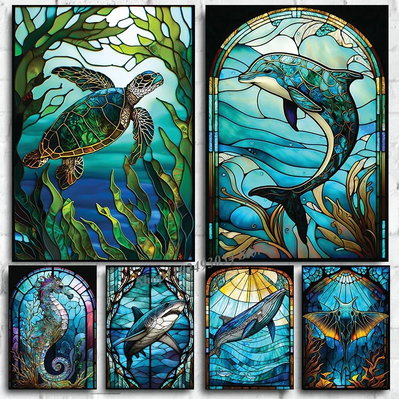 Funny-Stained-Glass-Pattern-Art-Sealife-Poster-Prints-Home-Decor ...