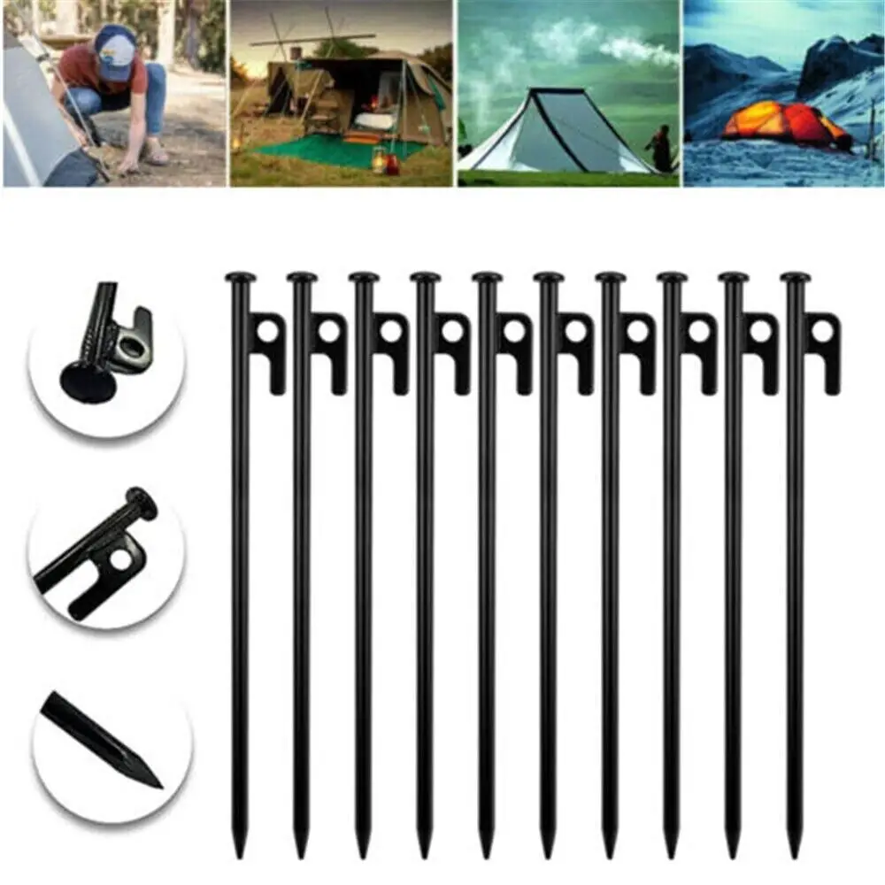 10pcs-30cm-Heavy-Duty-Steel-Tent-Stakes-Pegs-with-Hook-and-Hole-Design ...