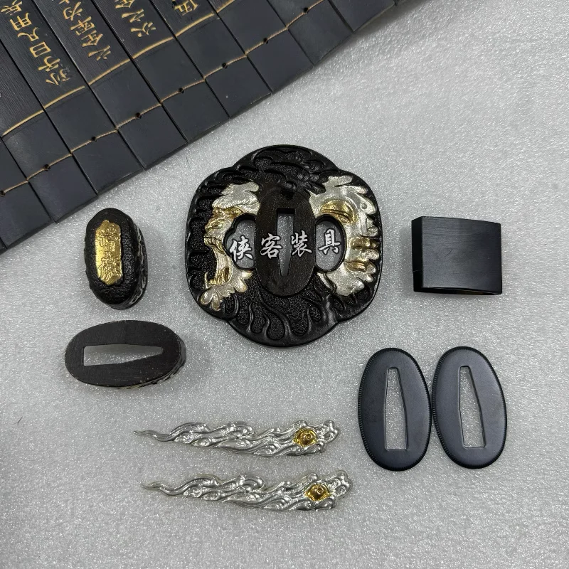 Gilded w/Gold & Silver Set of Vintage Copper Buddha & Demon Tsuba Fuchi ...