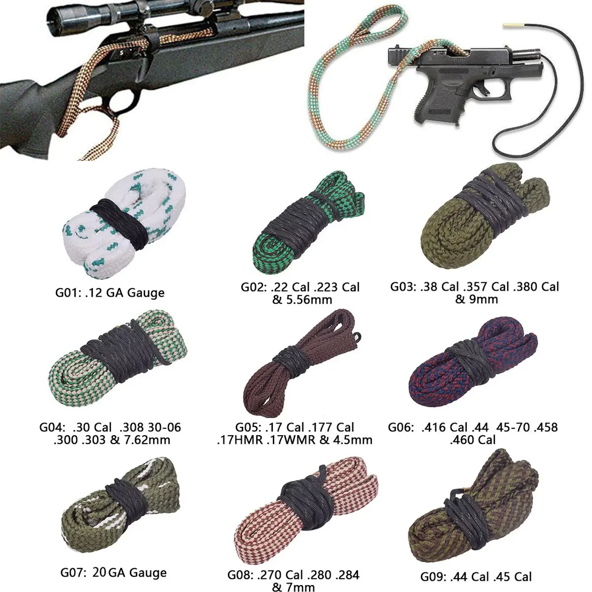 Tactical Gun Cleaning Kit Bore Cleaner Rifle Barrel Caliber Rope 9mm ...