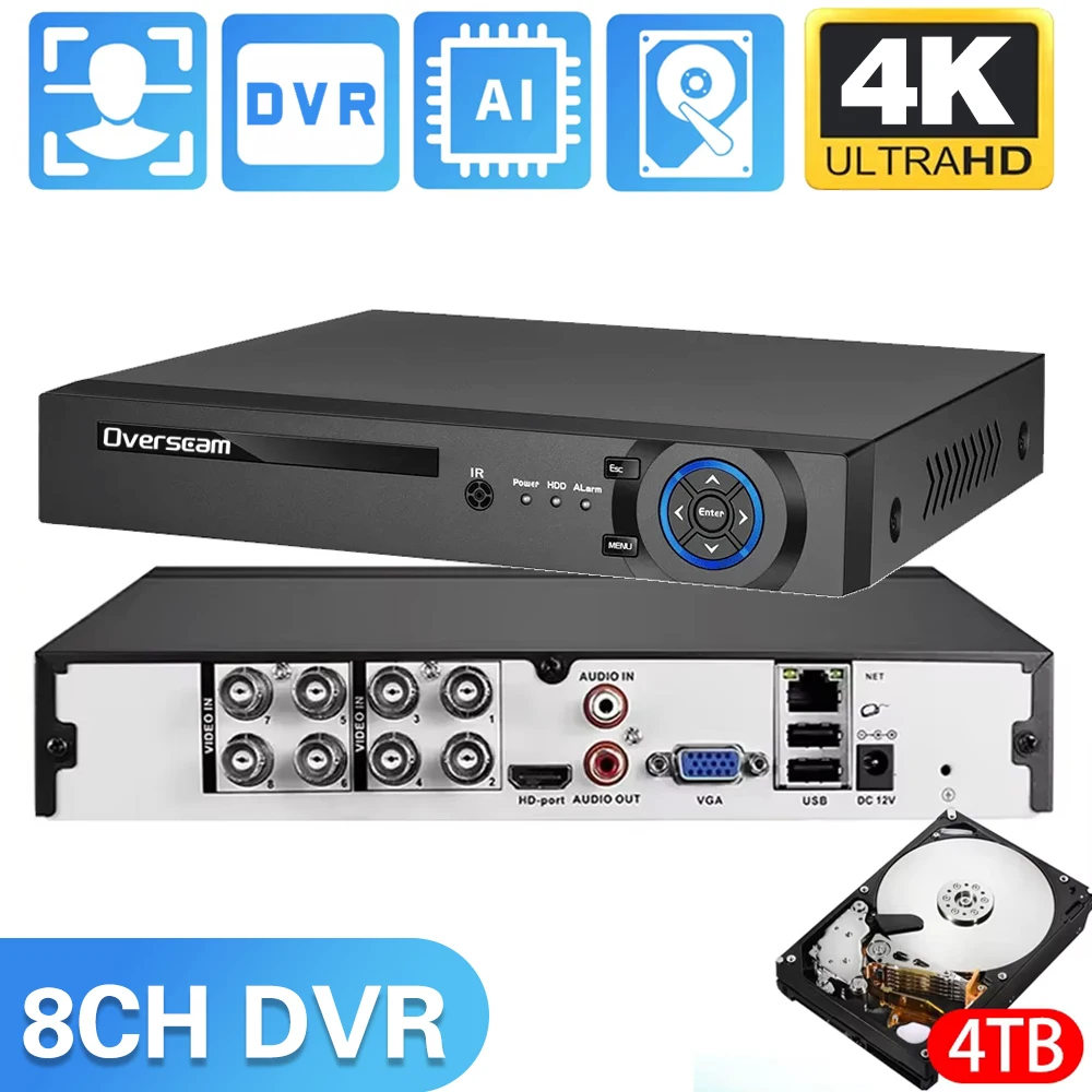 H.265 4CH/8CH CCTV DVR 4K 8MP 5MP Face Detec 6in1 AHD CVI TVI CVBS IP ...