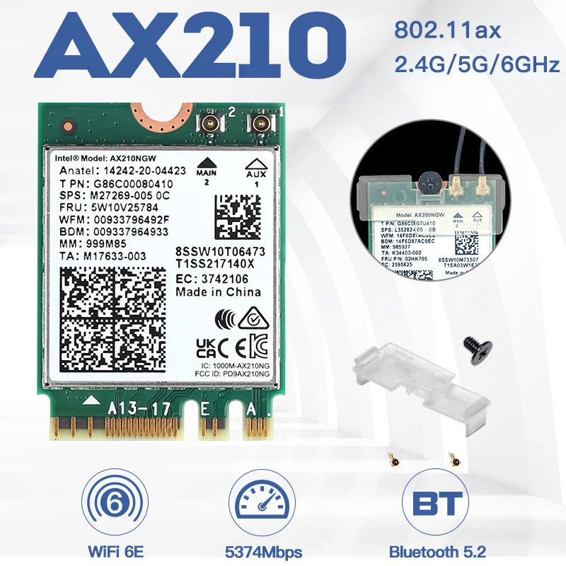 와이파이 6E 인텔 AX210 AX210NGW 블루투스 5.2, 5374Mbps 무선 와이파이 6 카드, AX200 AC9260 8265 8260 7265 7260 3168 ...