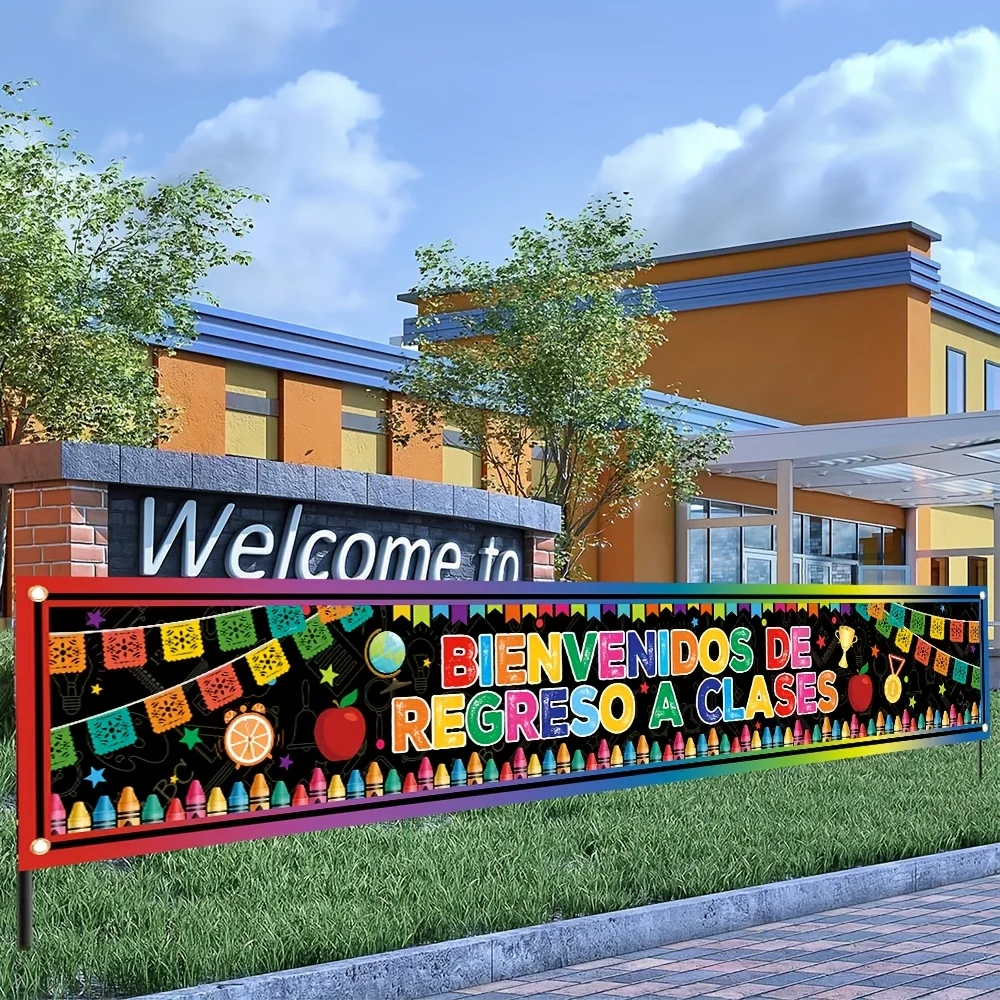 Welcome back to school banner in Spanish, carnival themed hanging sign ...