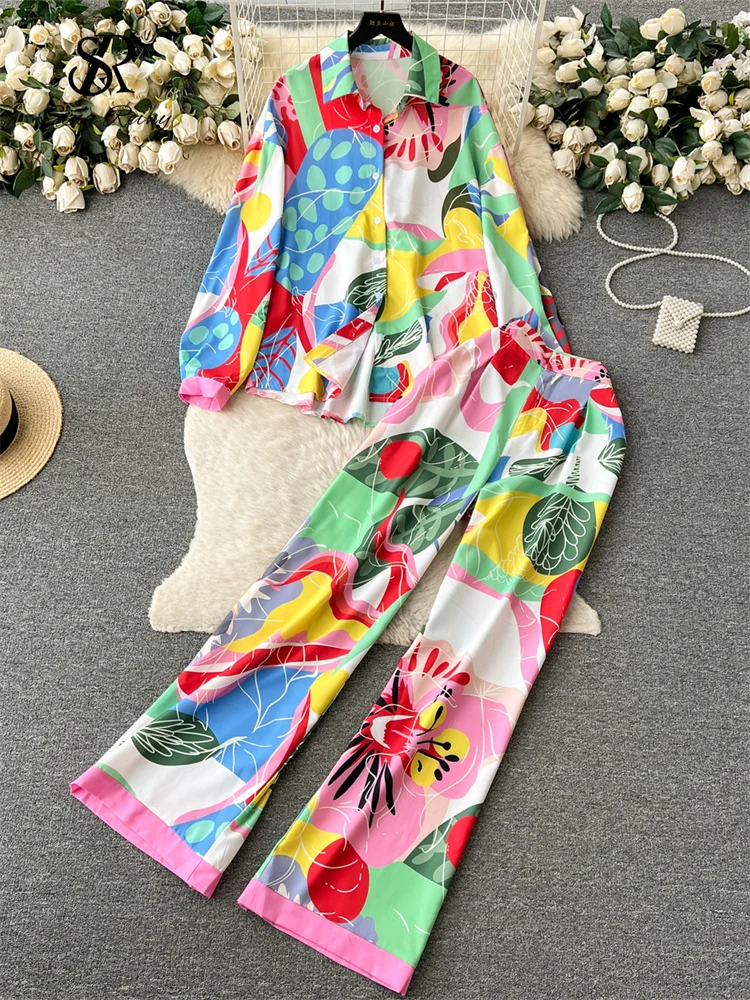 Singreiny Autumn Print Suits Turndown Collar Single Breasted Loose