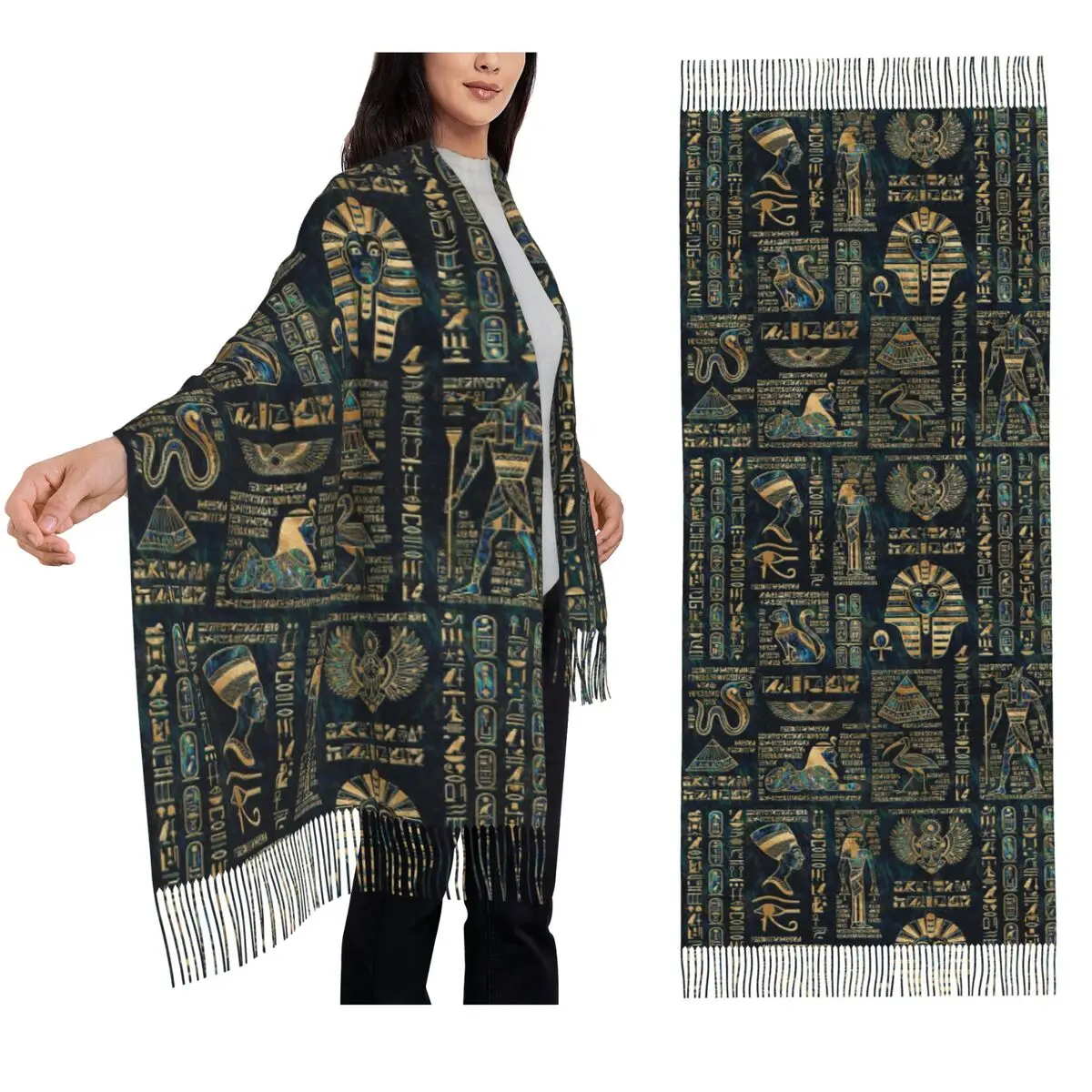 Egyptian Hieroglyphs And Deities Abalone And Gold Scarf Tassel Scarves ...