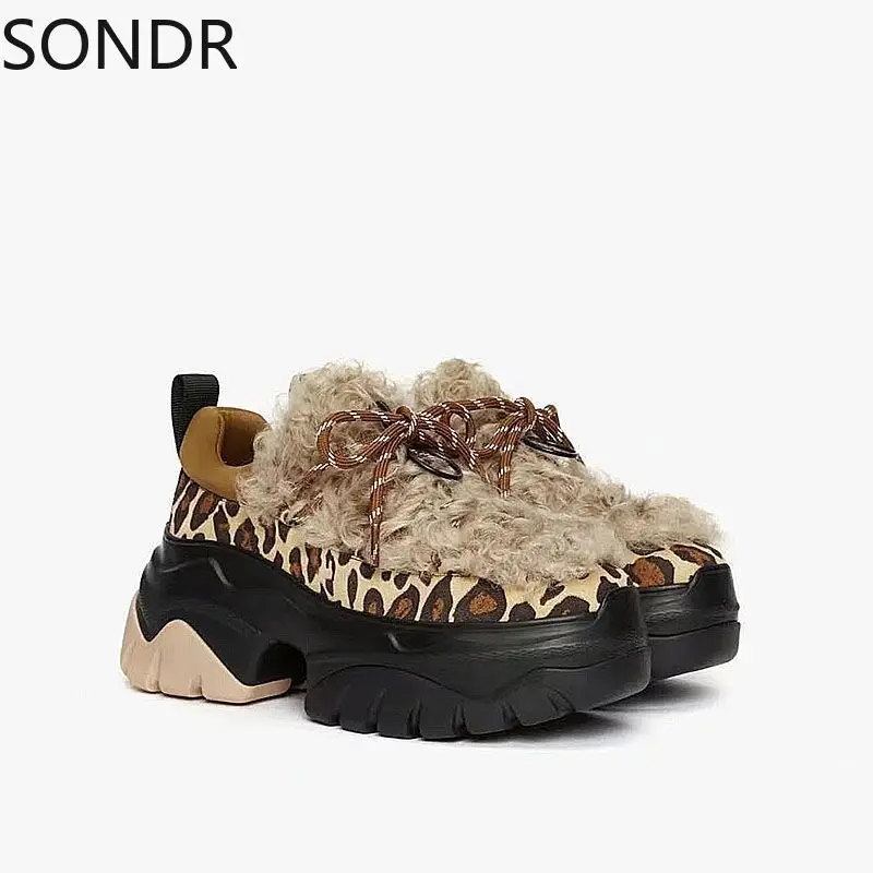 Sneakers-Womens-Lace-Up-Platform-High-Heel-Fur-Furry-Leopoard-Mixed ...